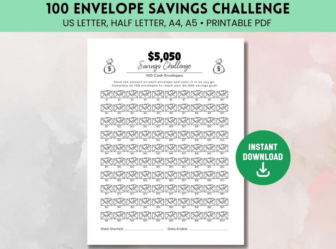 100 Envelope Savings Challenge, Printable 5050 Money Savings Challenge ...
