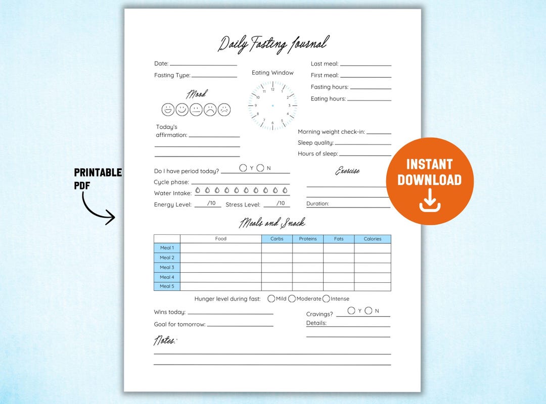 Daily Fasting Journal, Printable Intermittent Fasting Tracker, Fasting ...