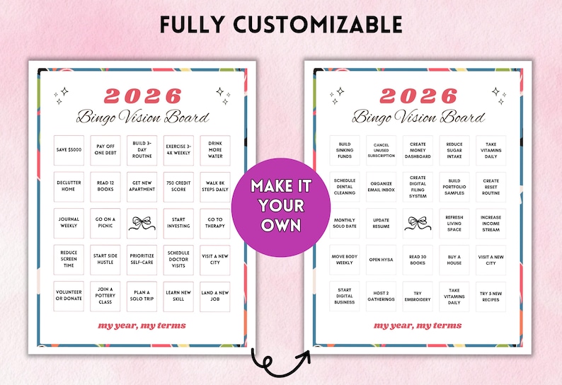 2026 Bingo Card, Editable Vision Board Bingo, Vision Board Canva ...