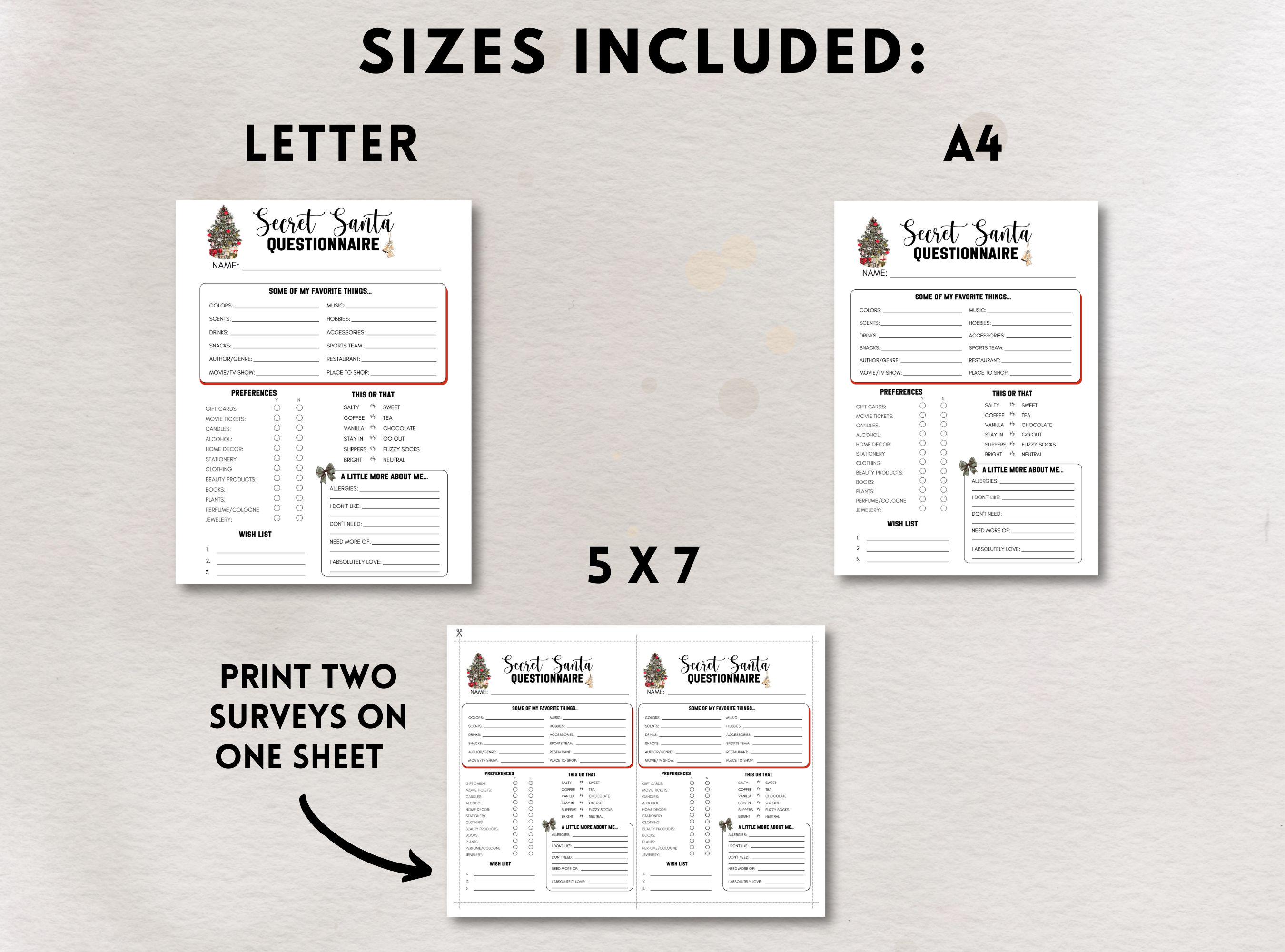 Printable Secret Santa Questionnaire, Adult Secret Santa, Gift Exchange ...