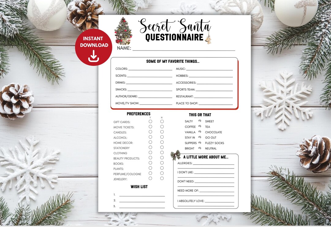 Printable Secret Santa Questionnaire, Holiday Favorite Things List ...