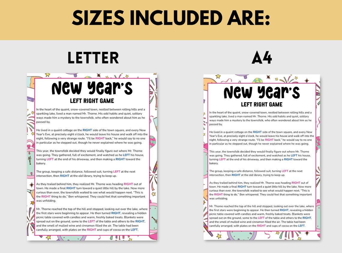 New Year’s Left Right Game, Printable New Year’s Eve Left Right Story ...