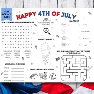 4th of July Activity Sheet, Printable Activity Placemat, Independence ...