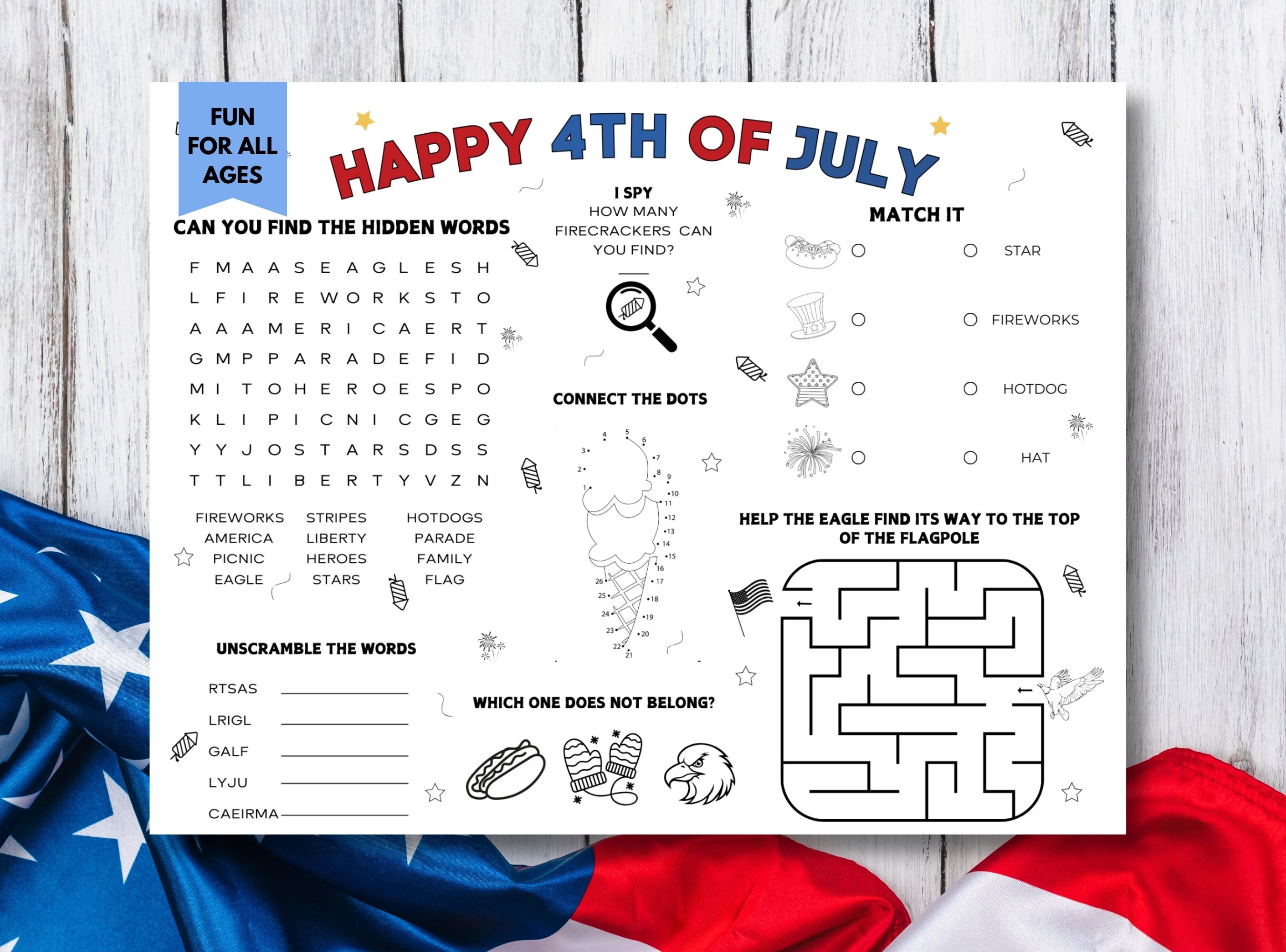 4th of July Activity Sheet, Printable Activity Placemat, Independence ...