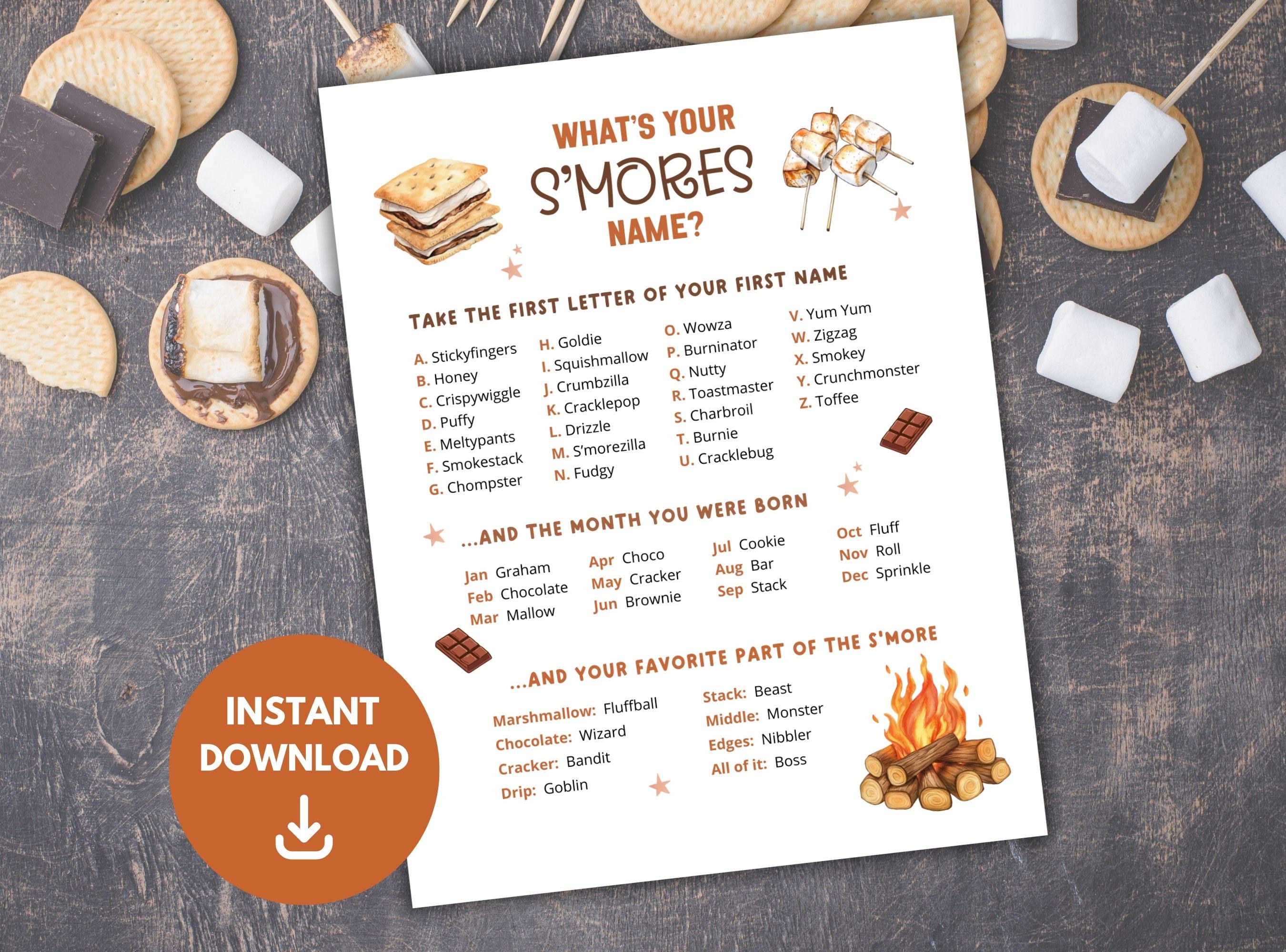 What’s Your S’mores Name, Printable Name Game, S’mores Name Game, Name ...