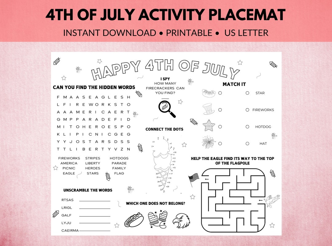 4th of July Activity Sheet, Printable Activity Placemat, Independence ...