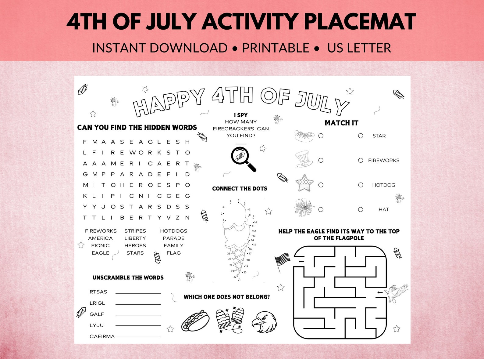 4th of July Activity Sheet, Printable Activity Placemat, Independence ...