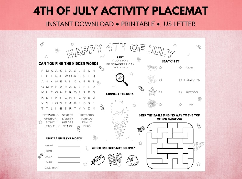 4th of July Activity Sheet, Printable Activity Placemat, Independence ...