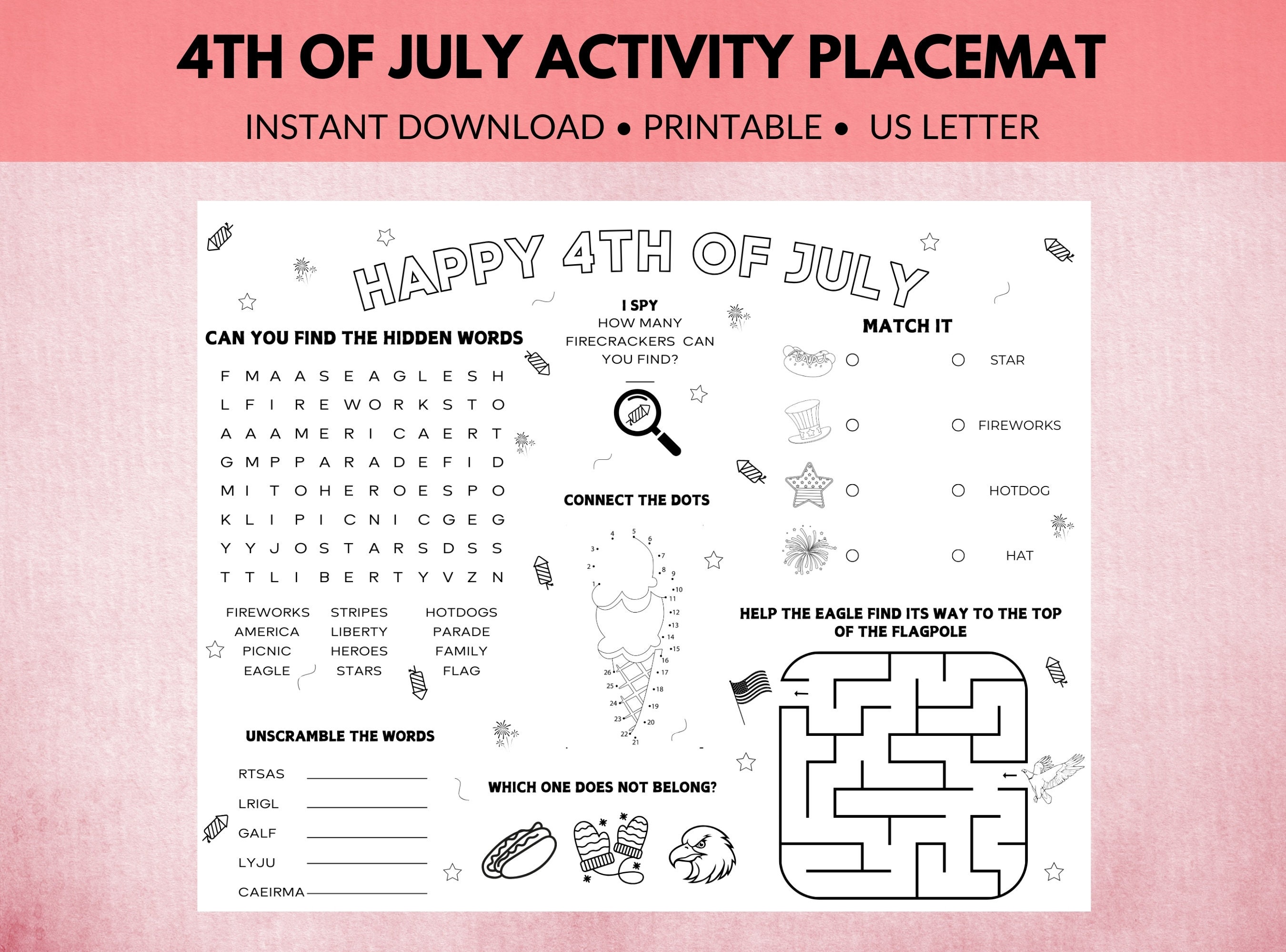 4th of July Activity Sheet, Printable Activity Placemat, Independence ...