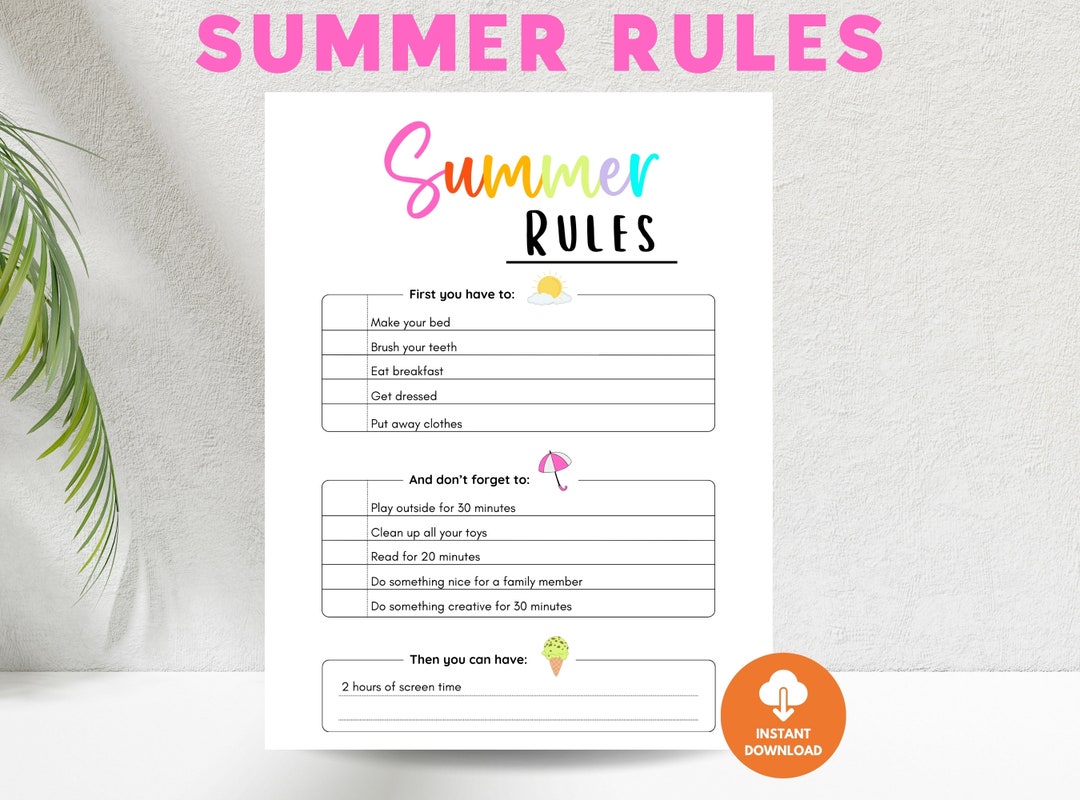 Editable Summer Rules for Kids, Screen Time Rules, Kids Summer Schedule ...