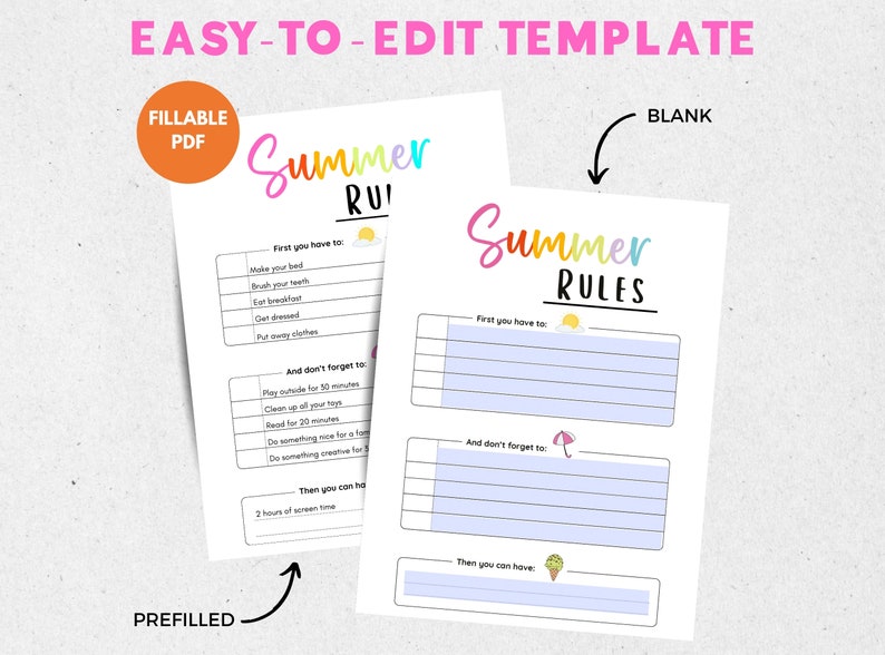Editable Summer Rules for Kids, Screen Time Rules, Kids Summer Schedule ...
