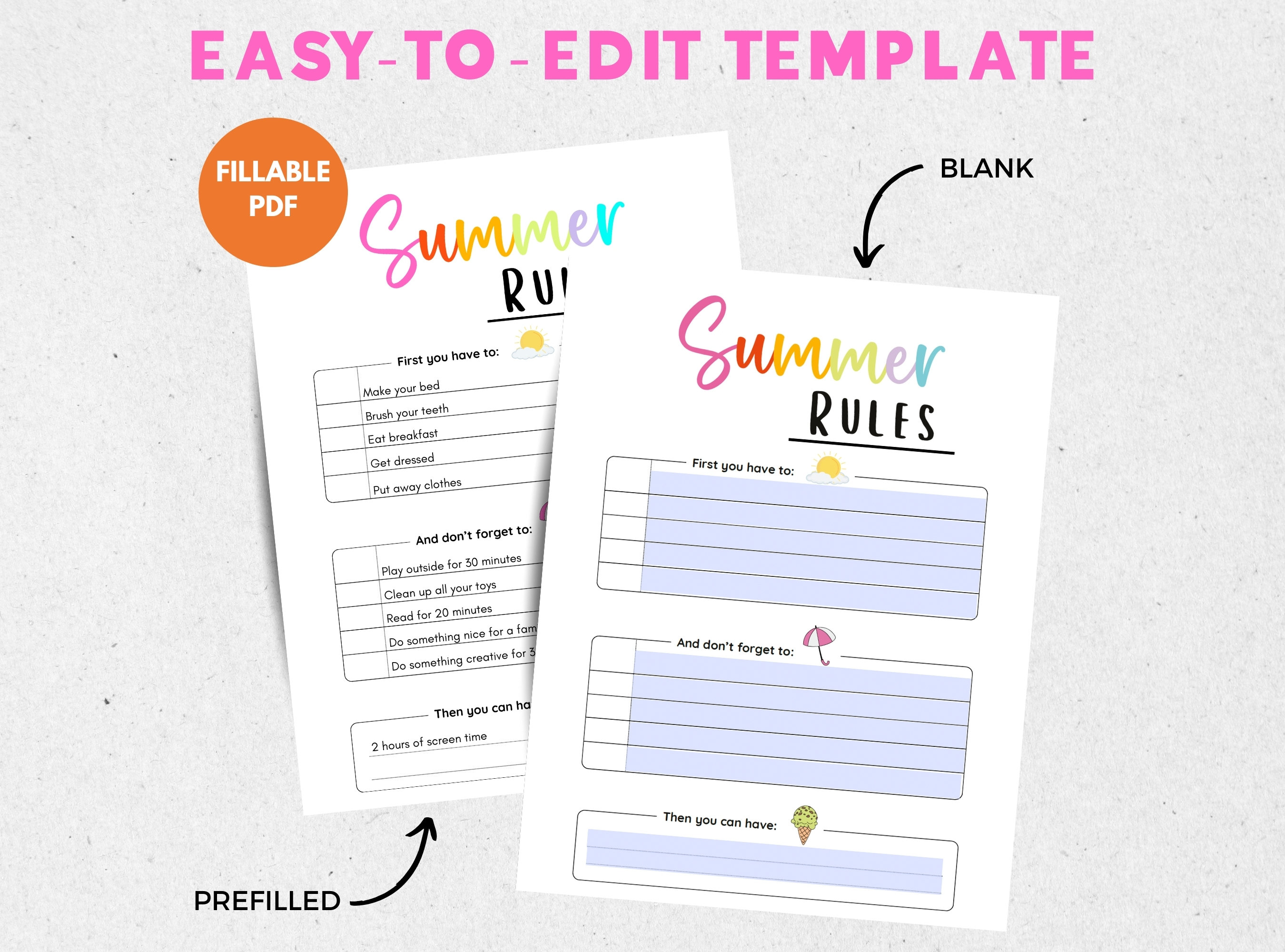 Editable Summer Rules for Kids, Screen Time Rules, Kids Summer Schedule ...
