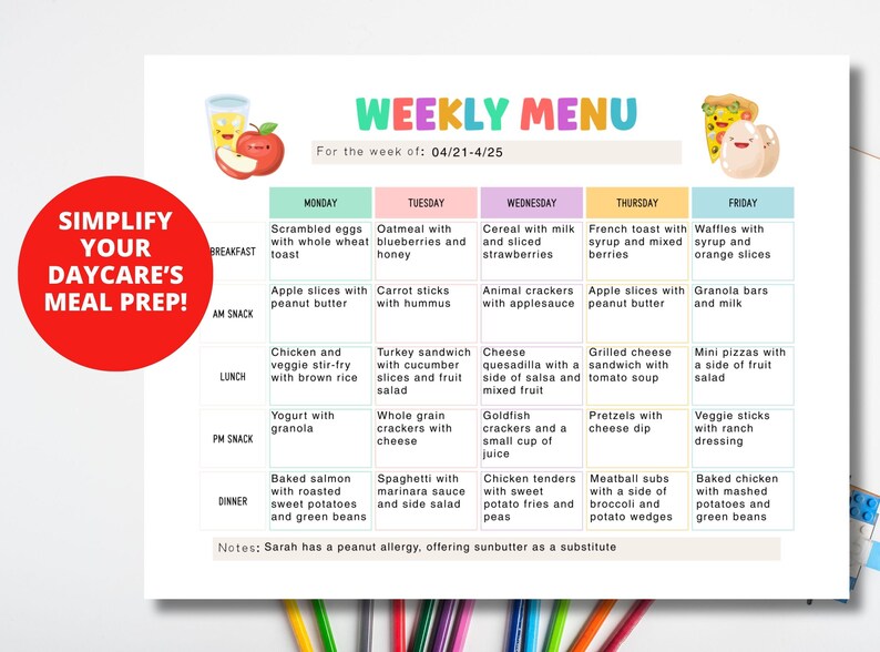 Daycare Weekly Menu, Fillable Weekly Menu Template, Printable Daycare ...