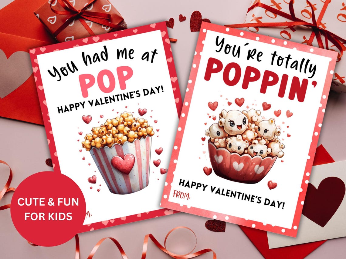 Popcorn Valentines Card Printable, Popcorn Valentines for Kids, Popcorn ...