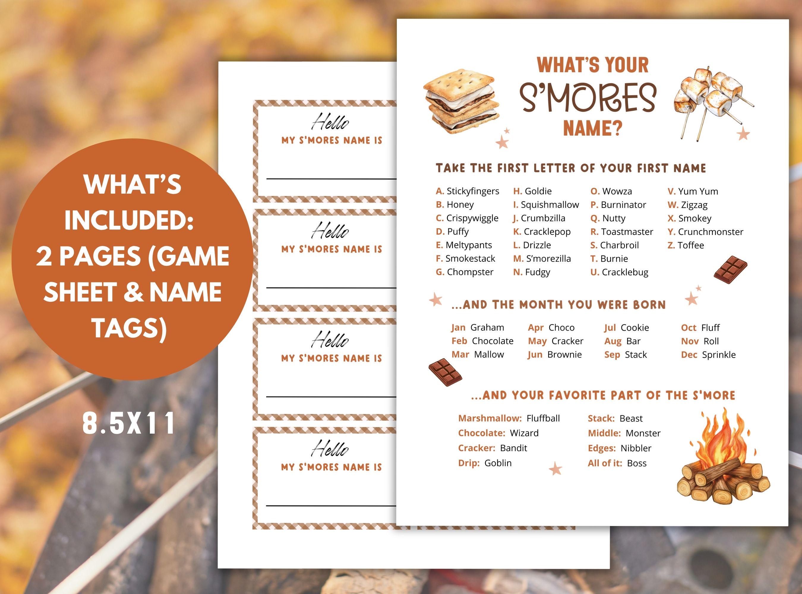 What’s Your S’mores Name, Printable Name Game, S’mores Name Game, Name ...