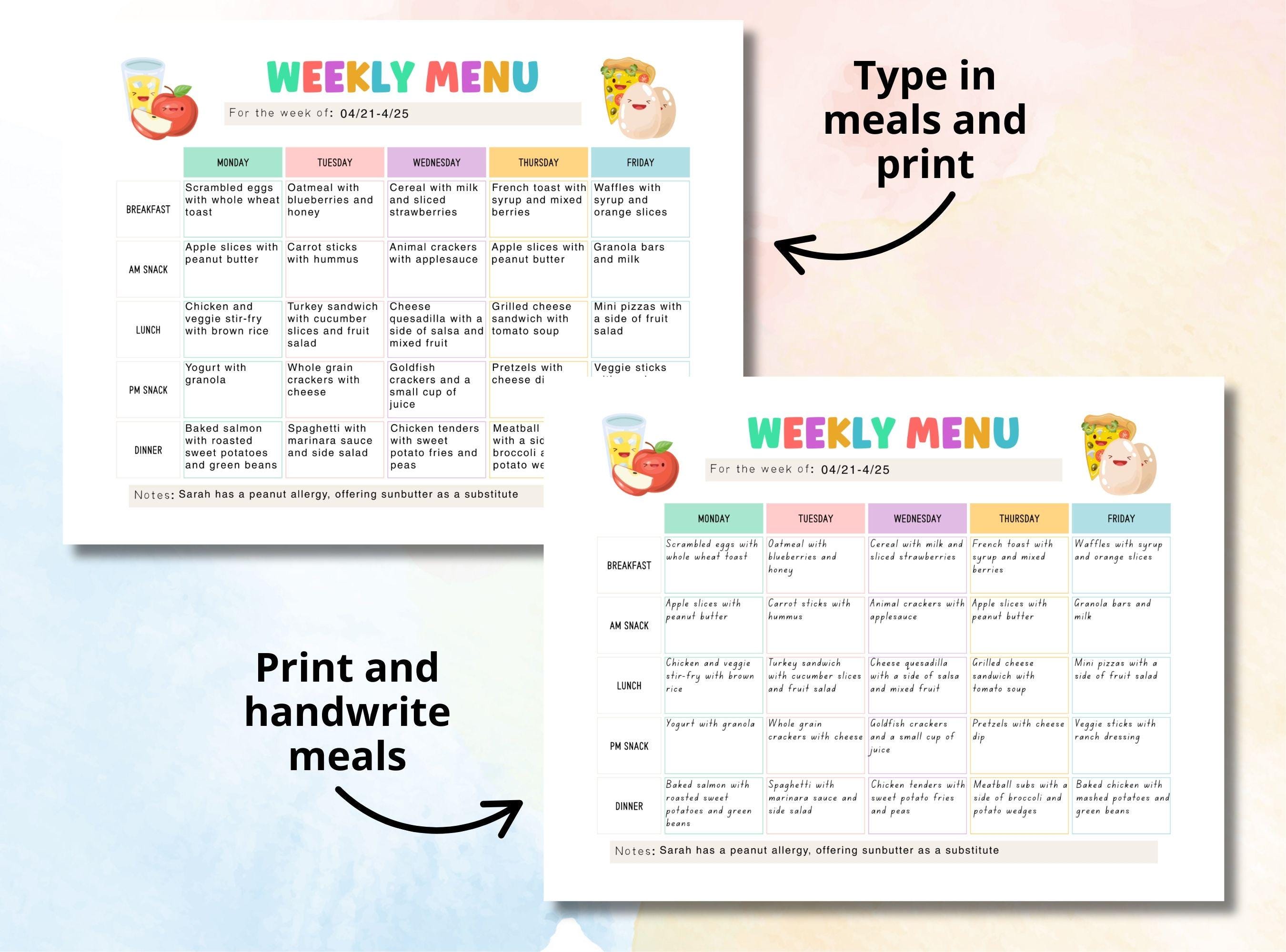 Daycare Weekly Menu, Fillable Weekly Menu Template, Printable Daycare ...