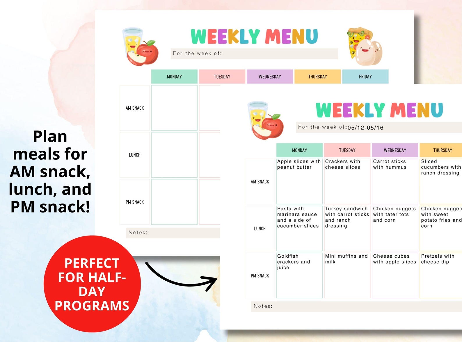 Daycare Weekly Menu, Fillable Weekly Menu Template, Printable Daycare ...