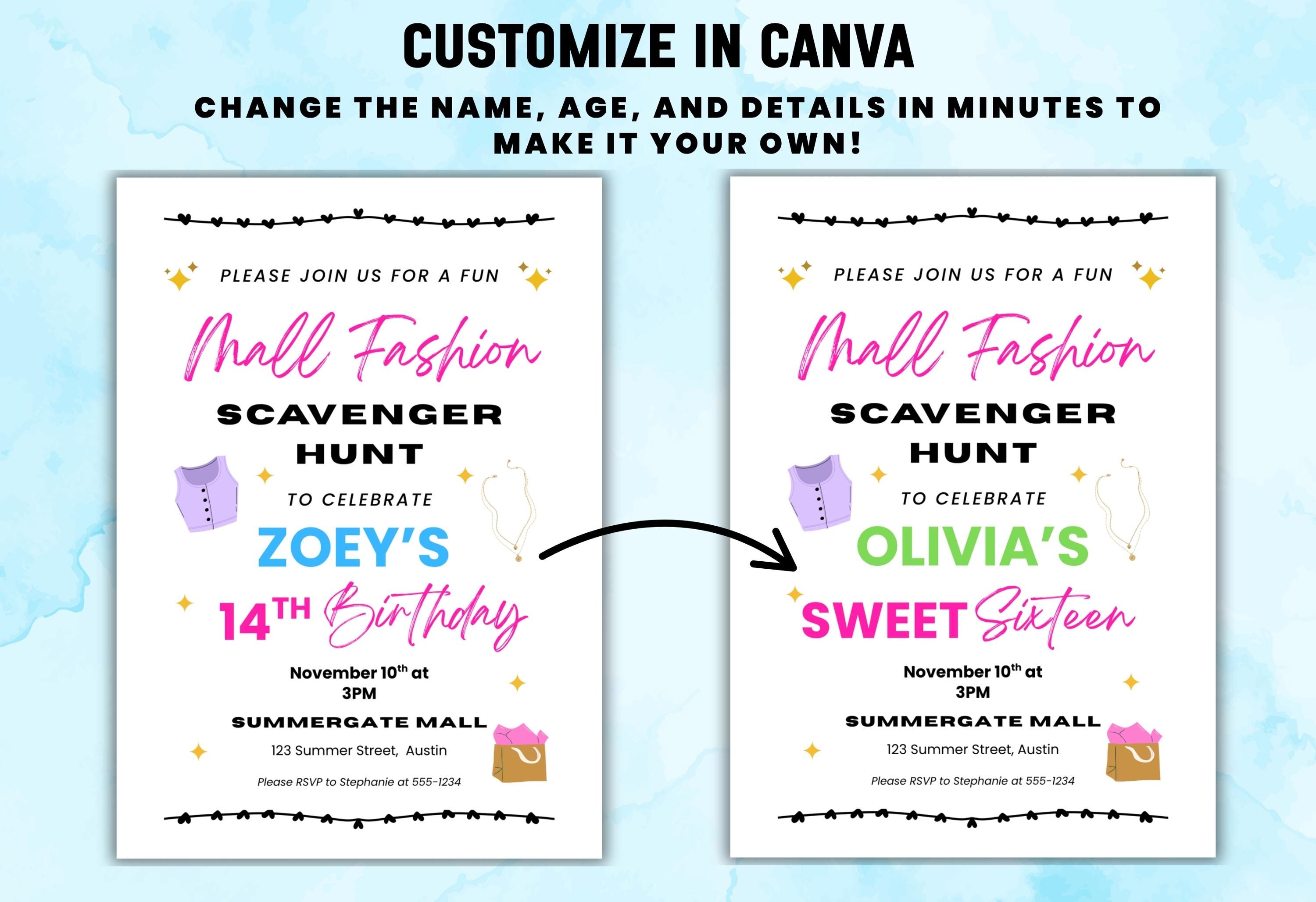 Mall Scavenger Hunt Invitation, Mall Fashion Treasure Hunt Invitation ...