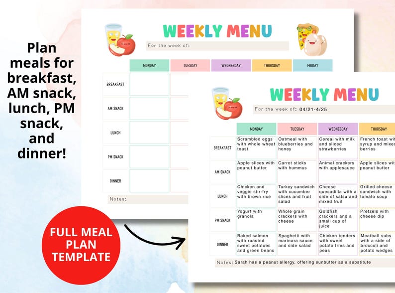 Daycare Weekly Menu, Fillable Weekly Menu Template, Printable Daycare ...