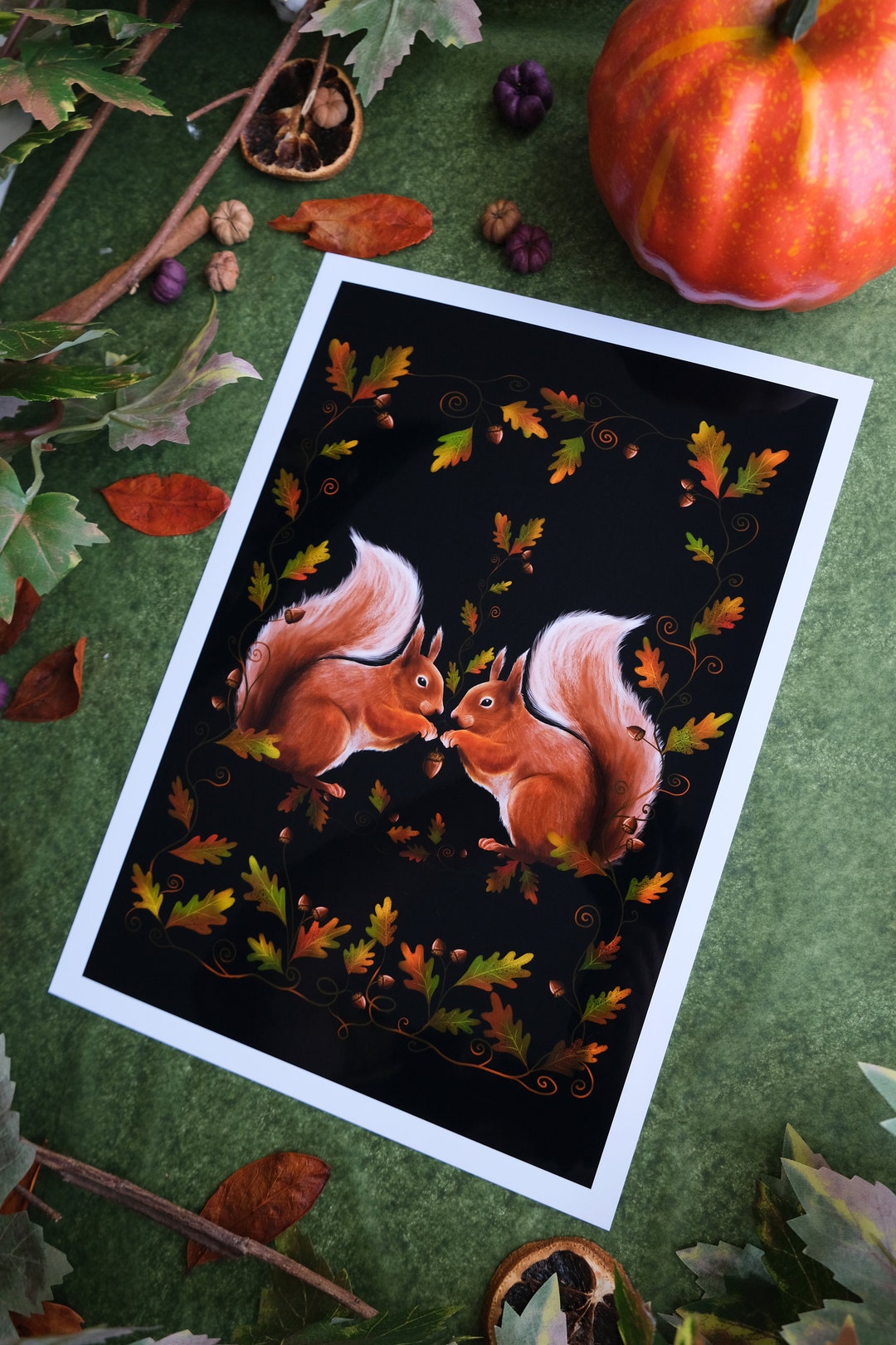 Squirrel Couple Art Print Acorn Tree Dark Botanical - Etsy