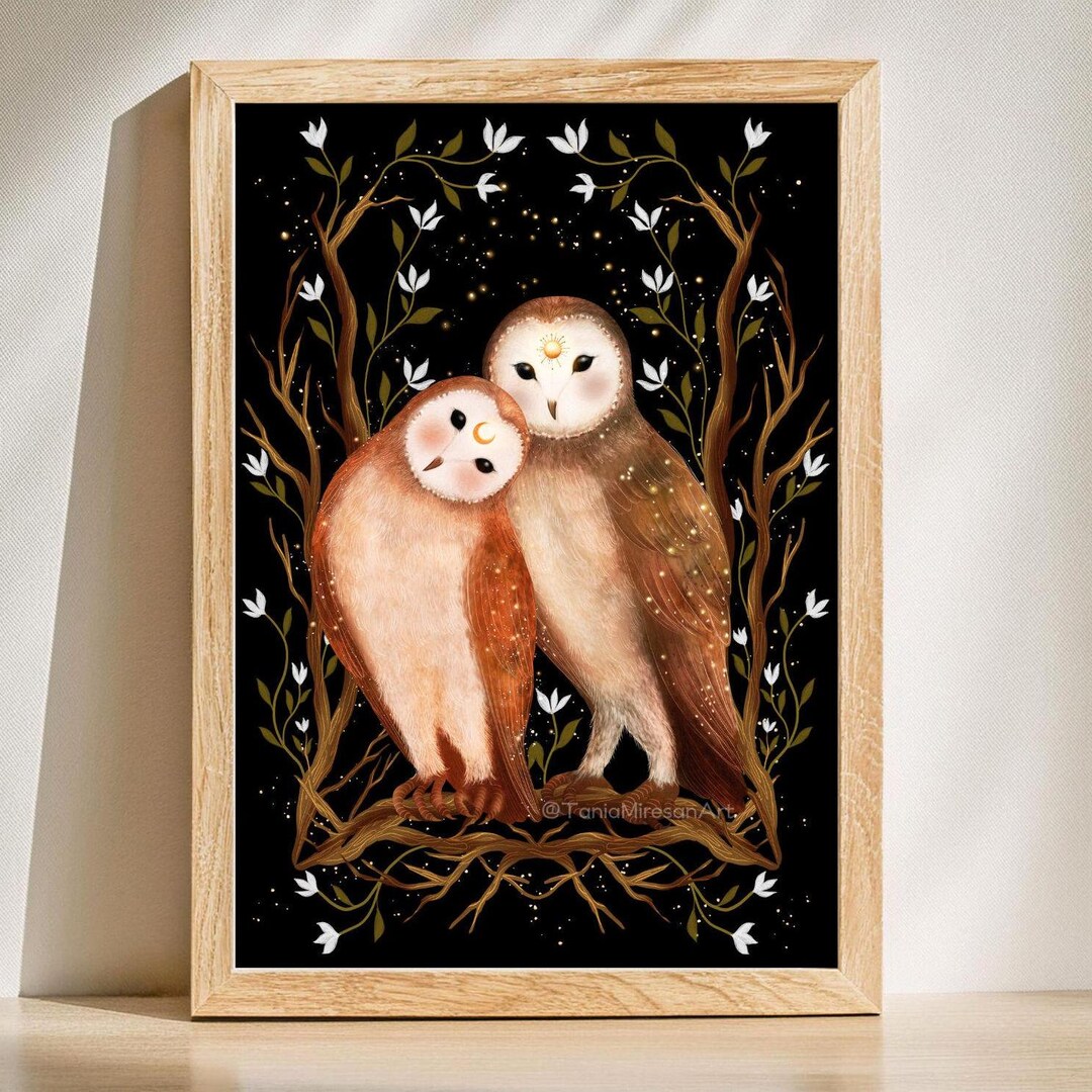 Owl Couple Fine Art Print, Barn Owl Pair, Woodland Animals, Owl Lovers ...