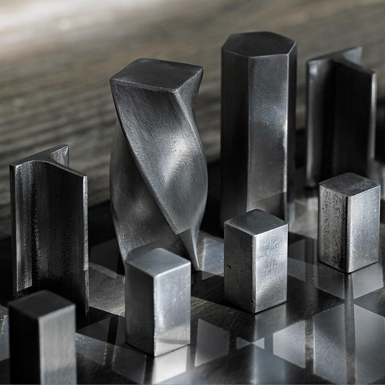 TWIST Chess Set - 32 Pieces Raw Steel / Black - Etsy