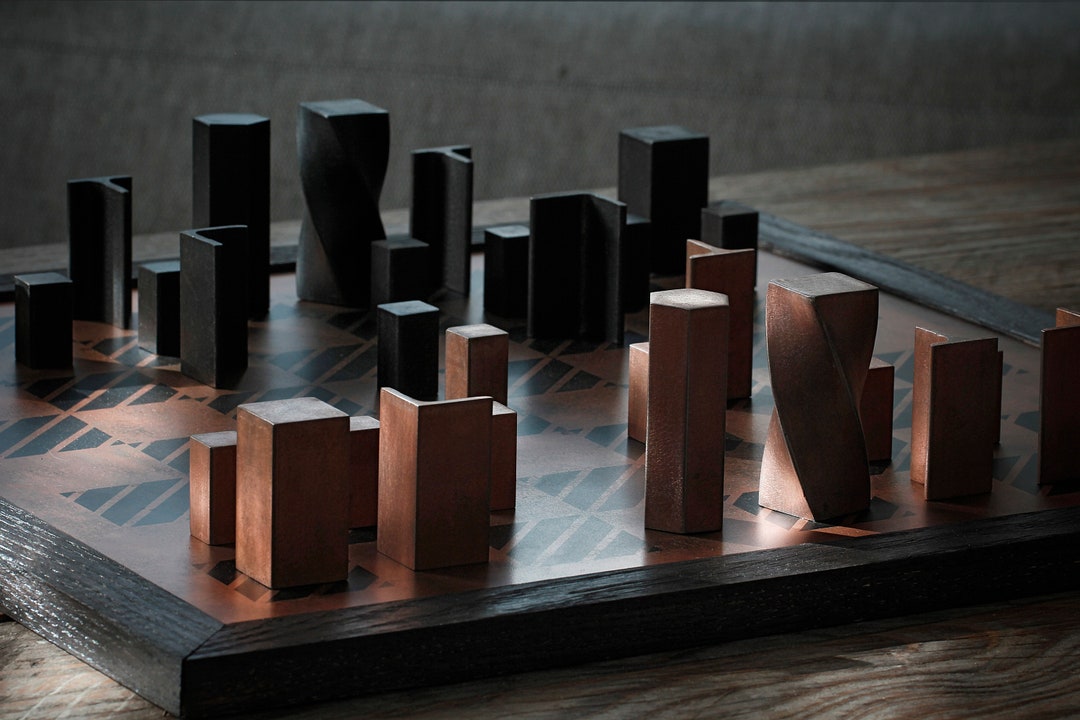 TWIST Solid Steel Chess Set and Wooden Box Copper / Black - Etsy