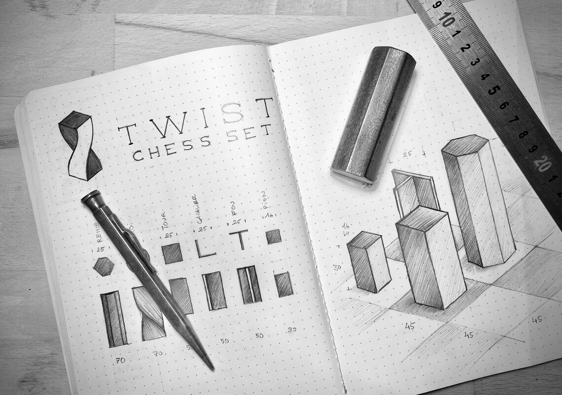TWIST Chess Set - 32 Pieces Raw Steel / Black - Etsy