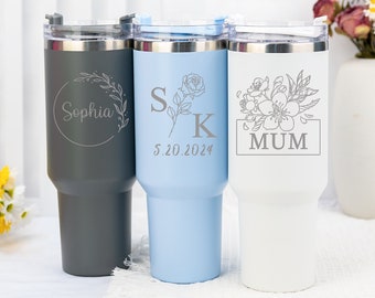 Personalized 40oz Tumbler With Handle & Straw, Custom Name Flowers ...