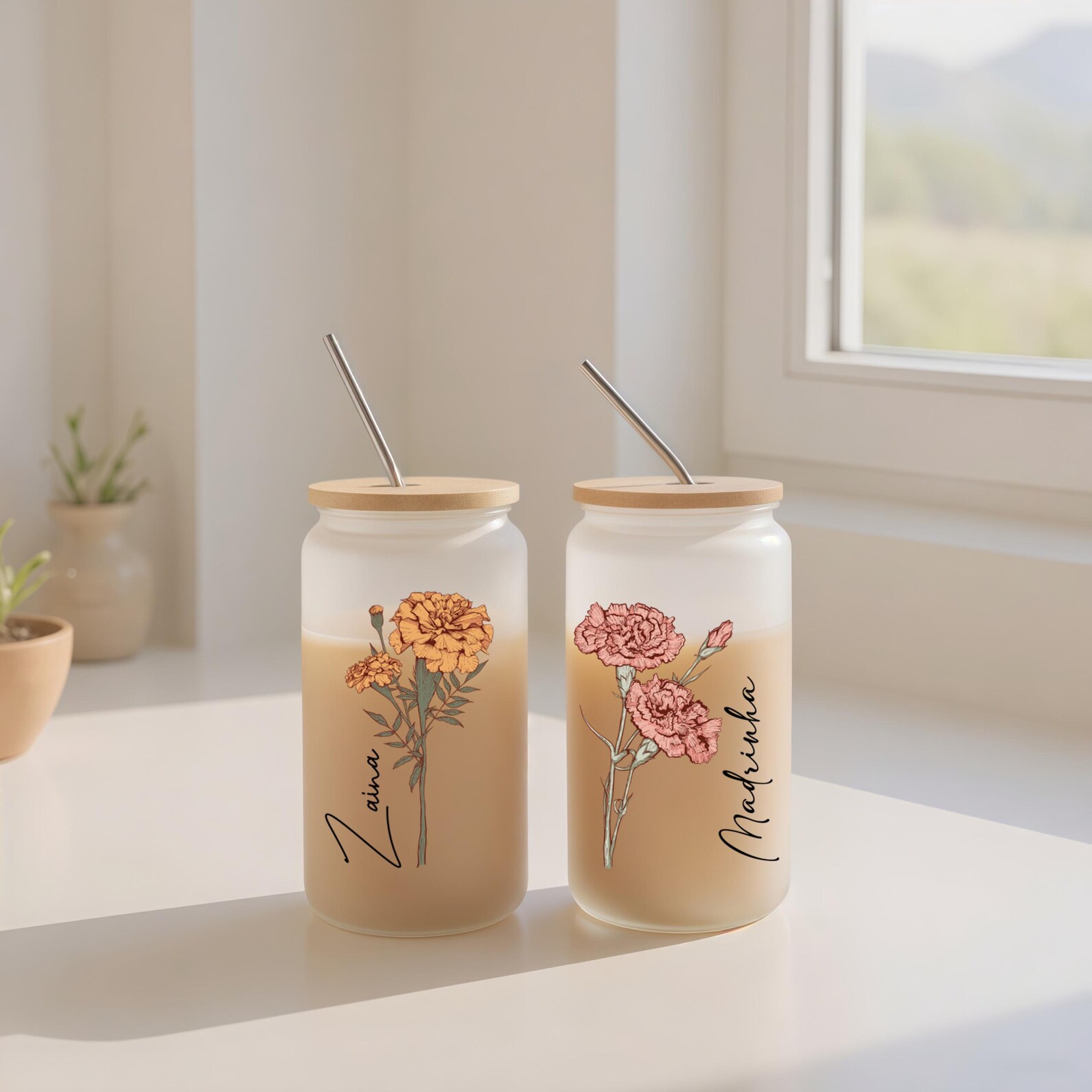 Custom Birth Flower Glass Cup, Personalized Iced Coffee Cup With Name ...