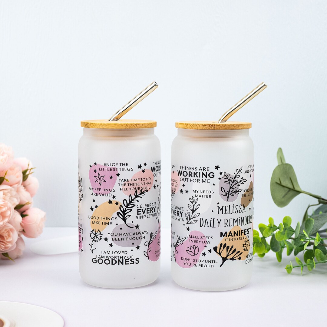 Custom Name Mental Health Iced Coffee Cup, Daily Affirmations Glass Cup ...