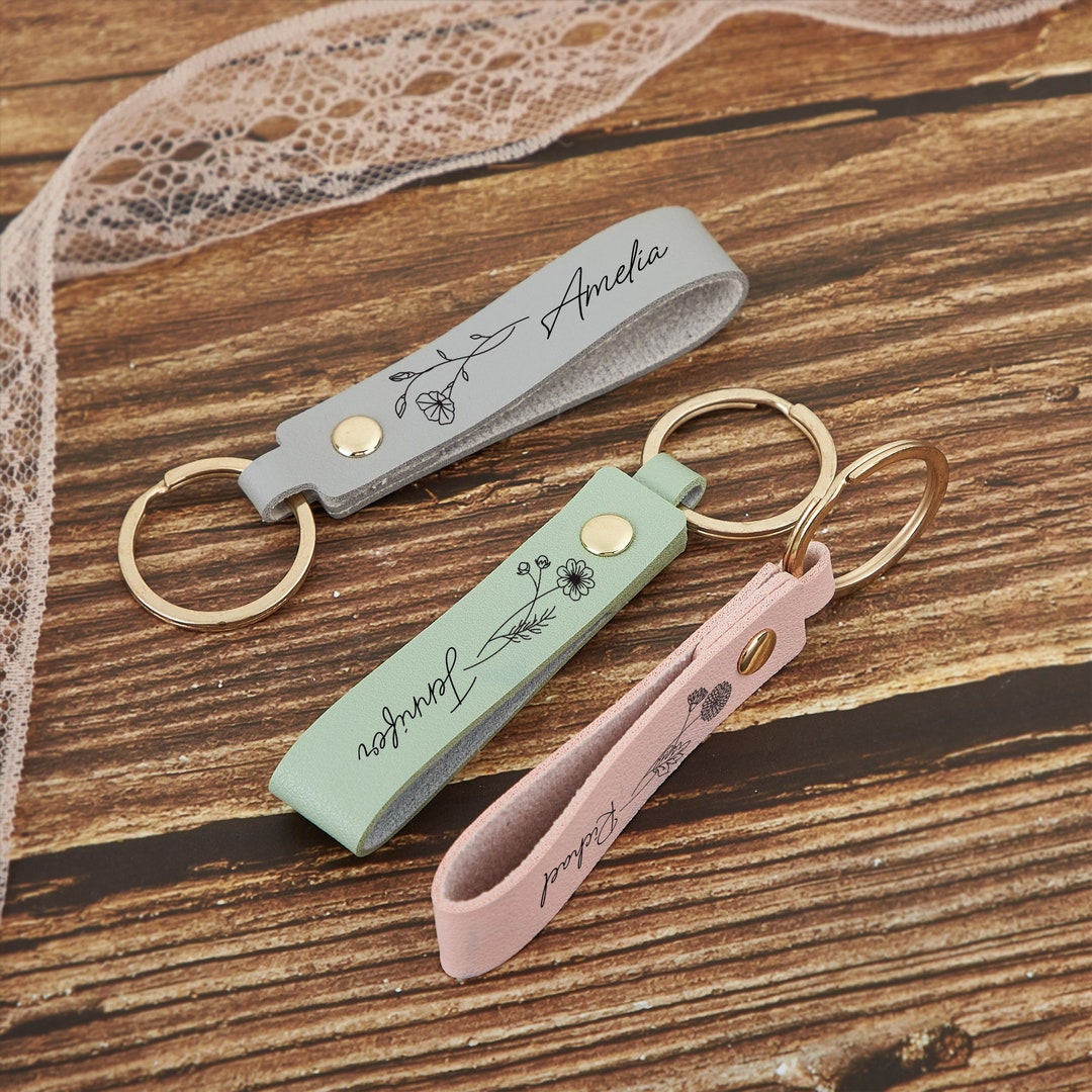 Personalized Birth Flower Keychain Engraved Leather Keyring - Etsy