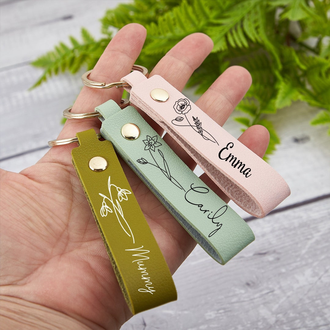 Personalized Birth Flower Keychain, Engraved Leather Keyring, Birthday ...