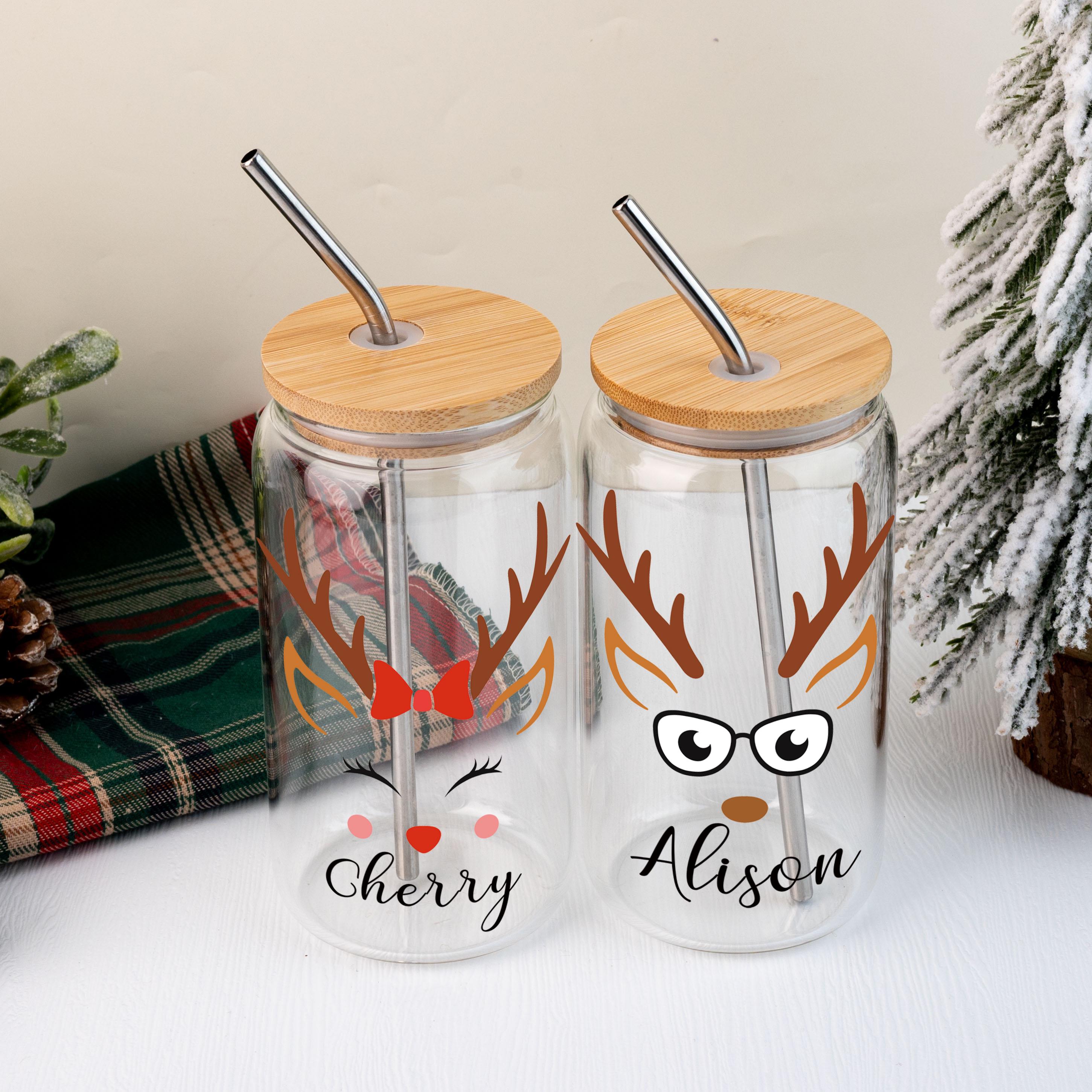Personalized Christmas Glass Cup Reindeer Christmas Glass Tumbler With ...