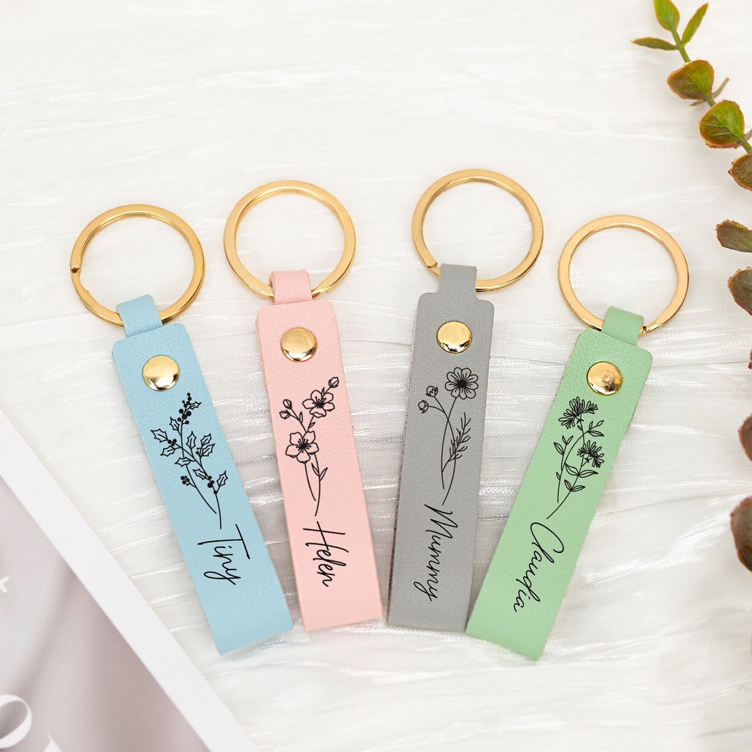 Personalized Birth Flower Keychain, Custom Floral Leather Keyring With ...