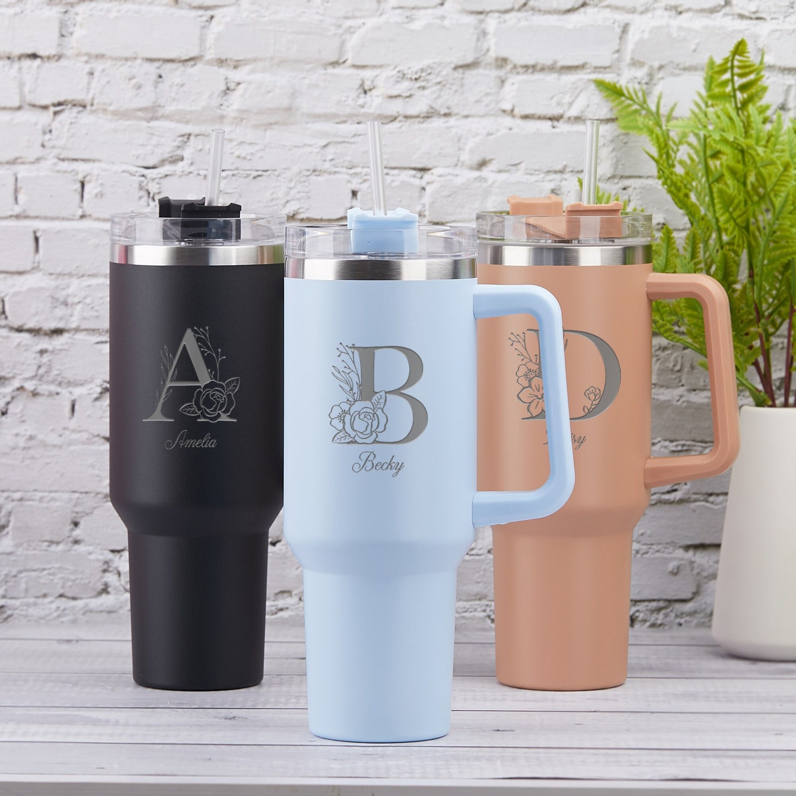 Engraved 40oz Tumbler With Handle, Personalized Initial Name Travel Mug ...