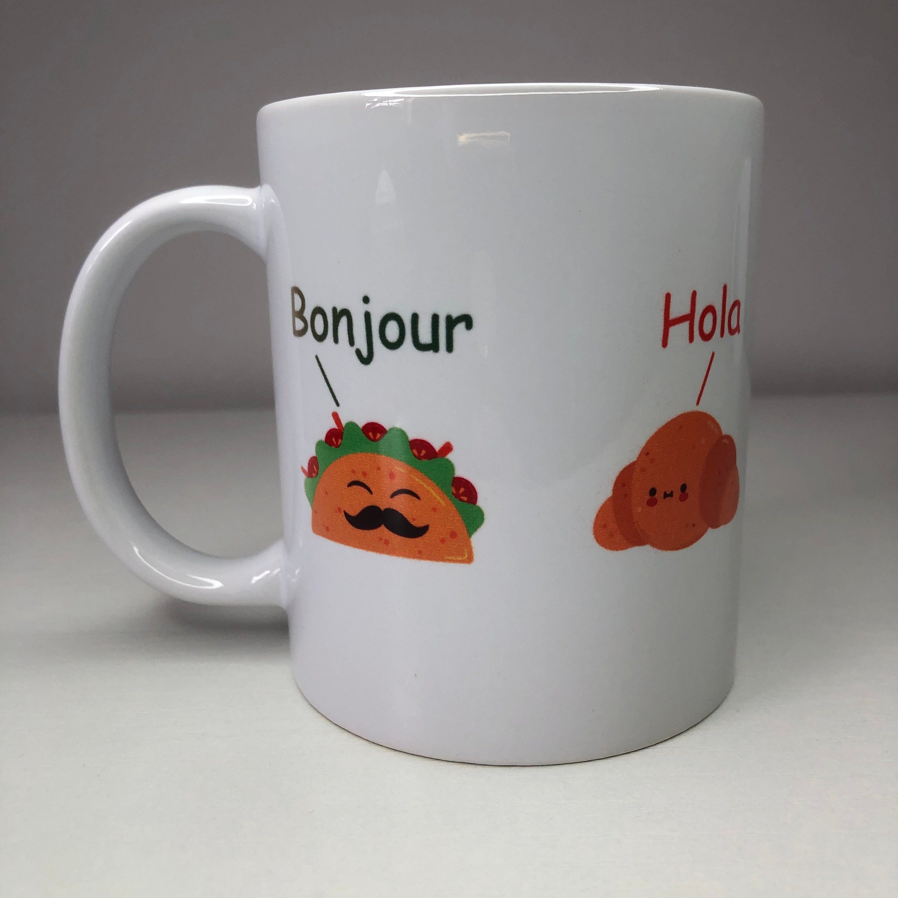 Funny Cute Coffee Mug, Bonjour Hola Pun Design, 12oz Ceramic Cup ...