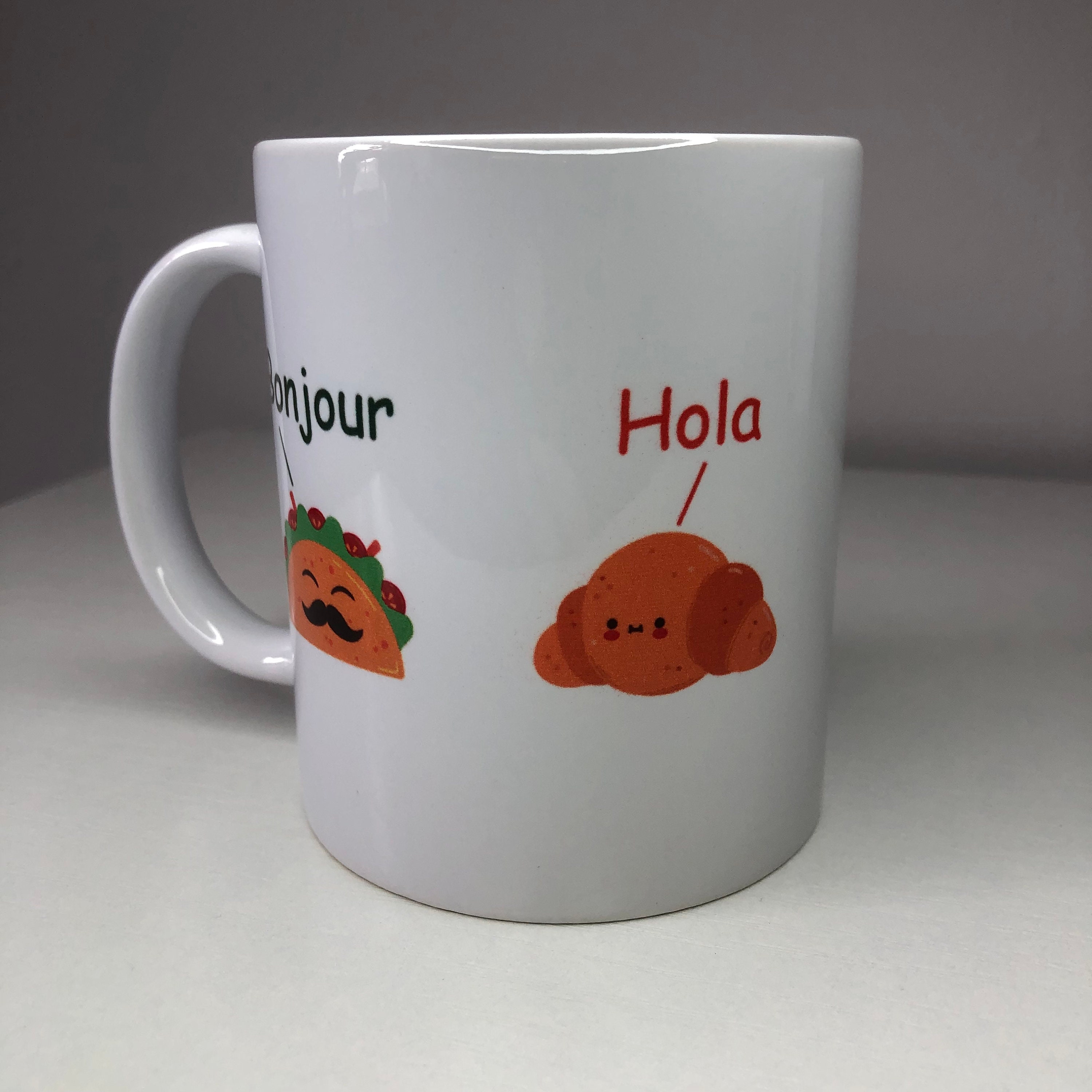 Funny Cute Coffee Mug, Bonjour Hola Pun Design, 12oz Ceramic Cup ...