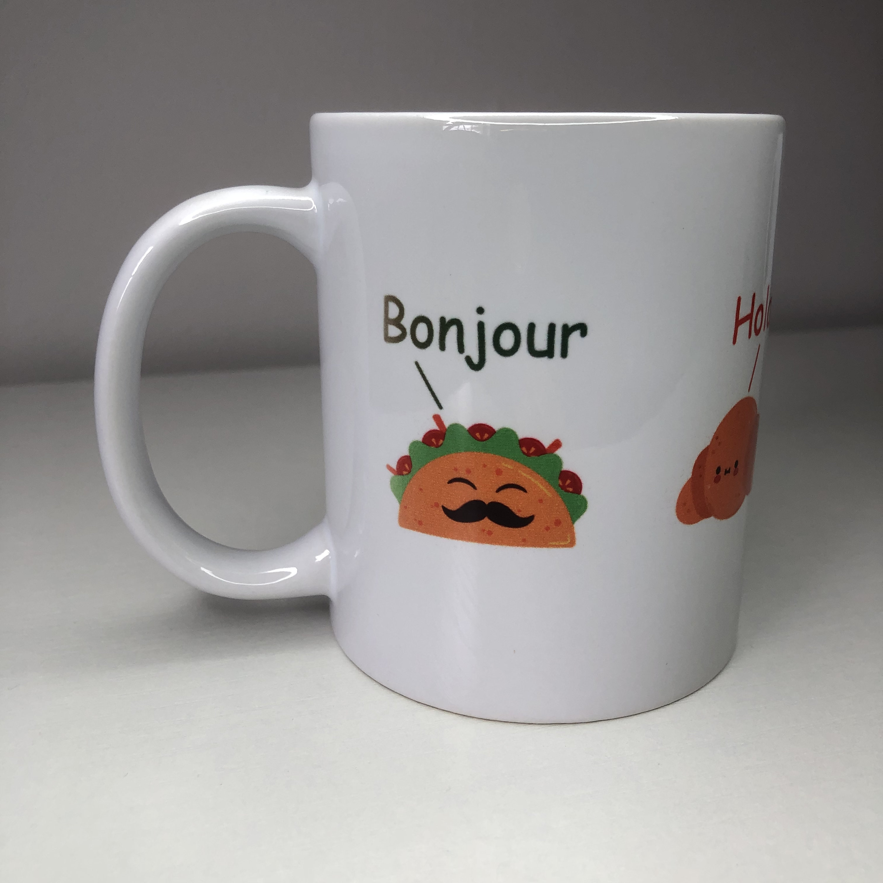 Funny Cute Coffee Mug, Bonjour Hola Pun Design, 12oz Ceramic Cup ...