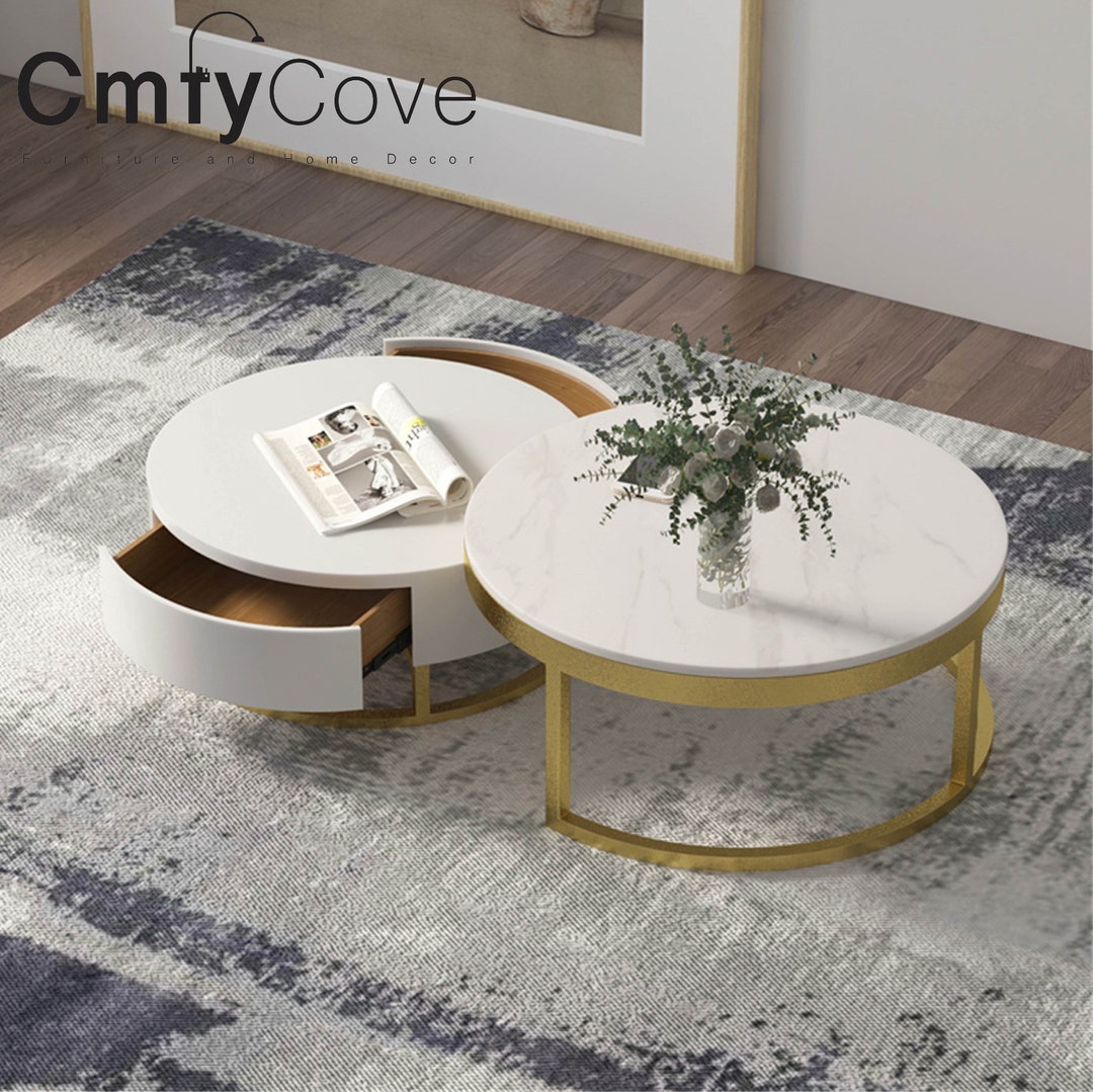Modern Circle Round Marble Coffee Table, Compartment Table, Gold ...