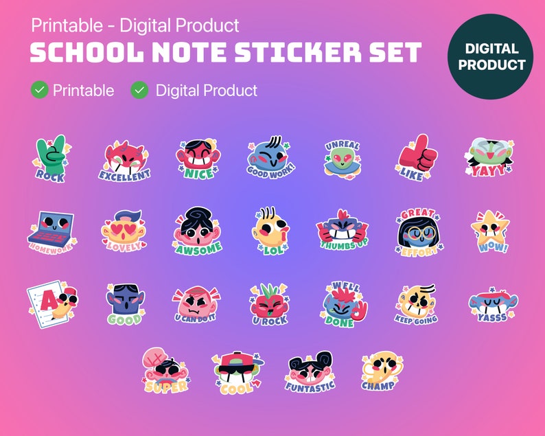 Printable School Note Sticker Set 26 Designs for Students STUDENT ...