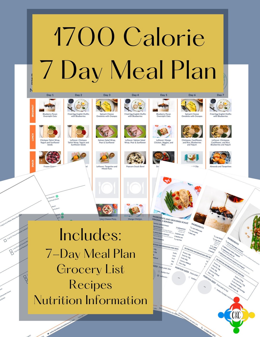 1700 Calorie 7 Day Meal Plan, Grocery List, and Recipes - Etsy