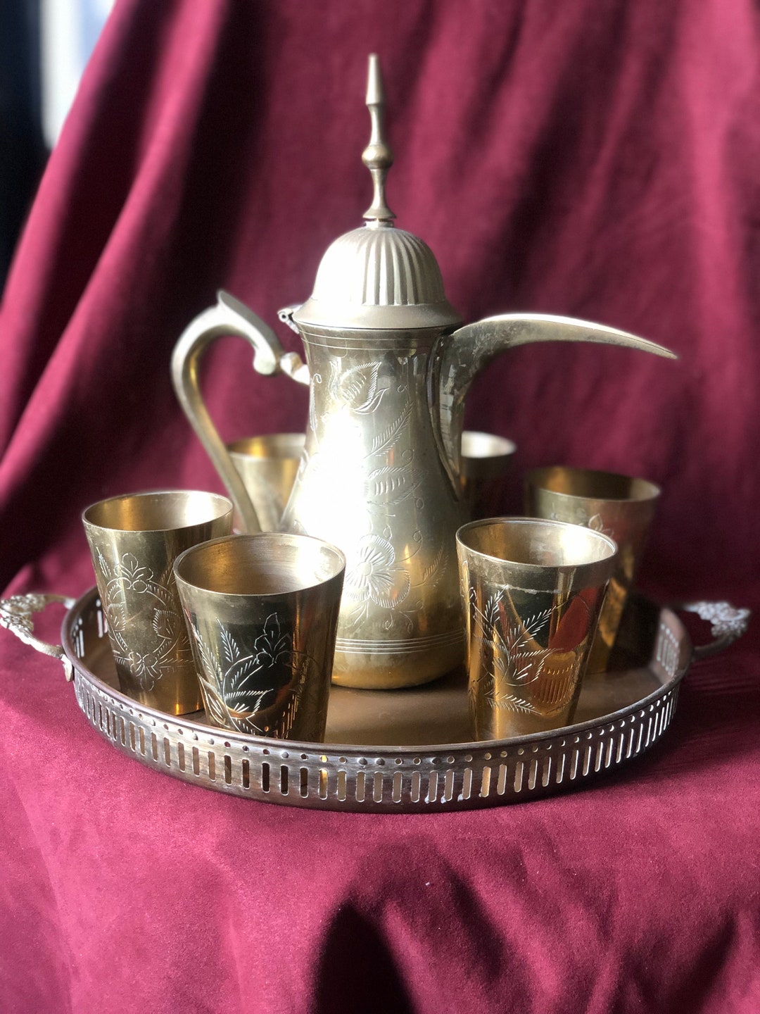 Brass Coffee Pot, 6 X Brass Cups and Brass Tray - Etsy