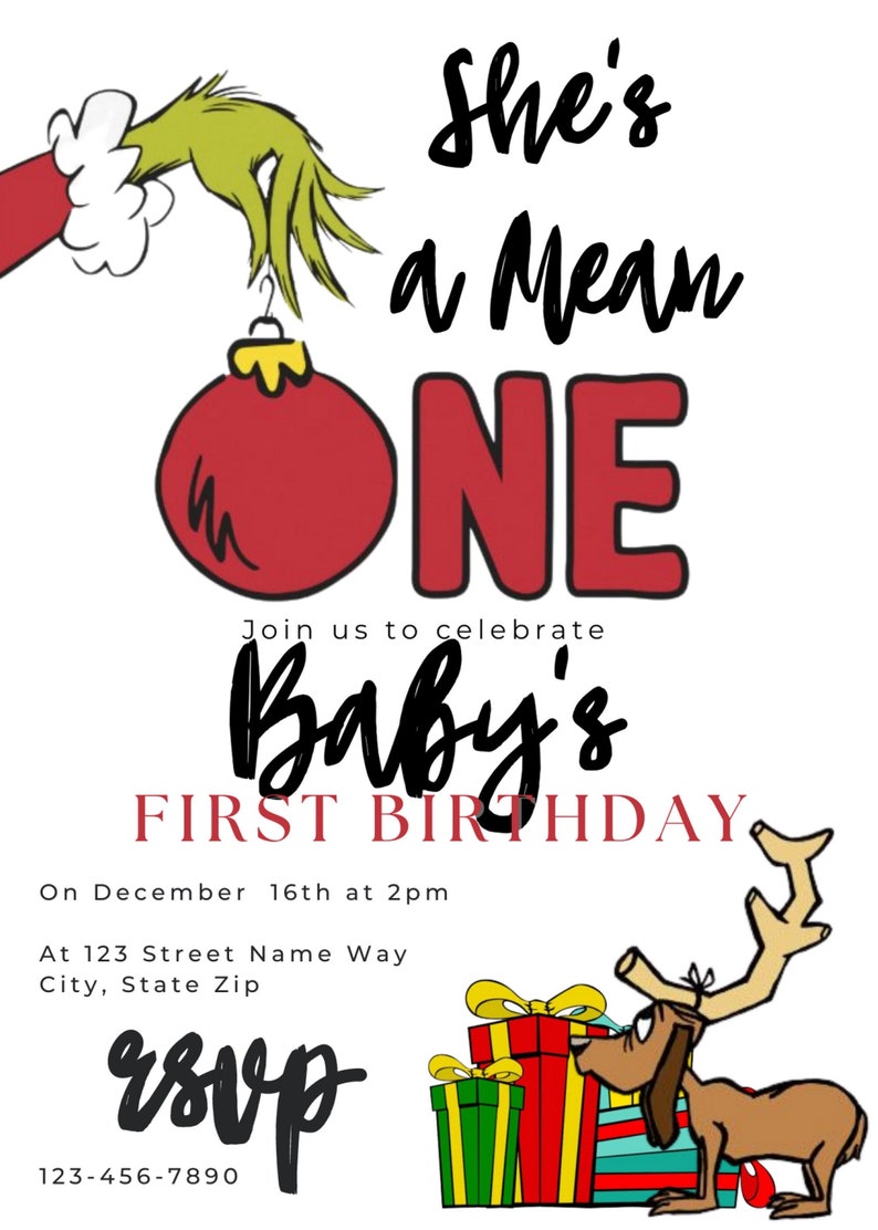 She's / He's a Mean One First Birthday Grinch Printable Invitation - Etsy