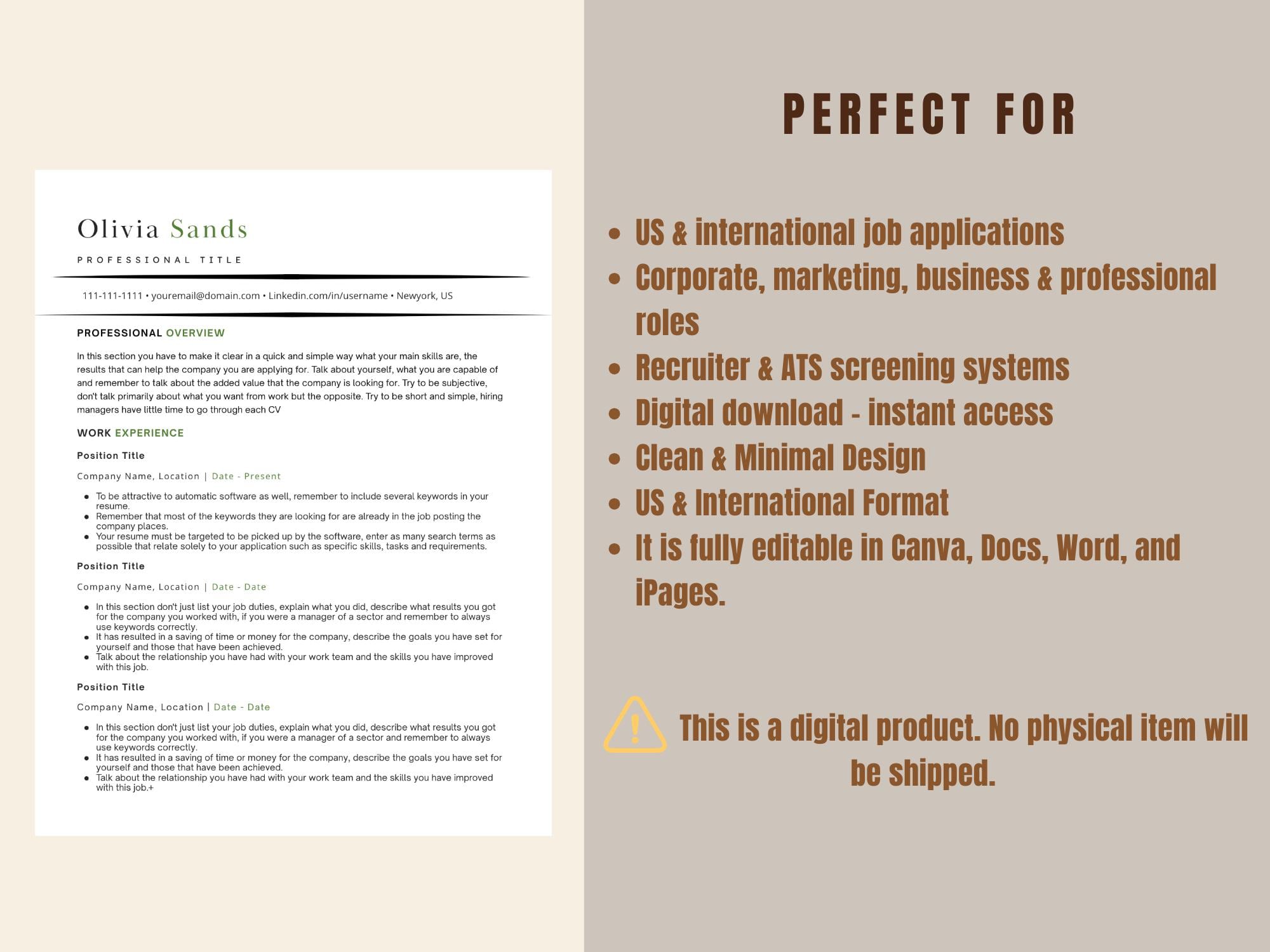 ATS Optimized Resume Template | Professional CV + Cover Letter ...