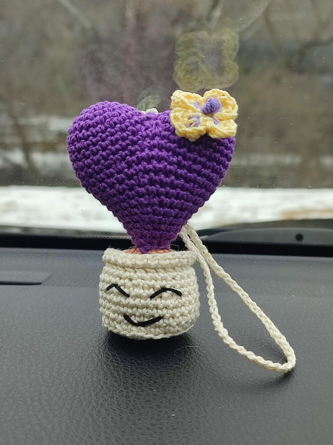 Crochet Heart Car Charm – Handmade Rearview Mirror Decor Kawaii / Cozy ...