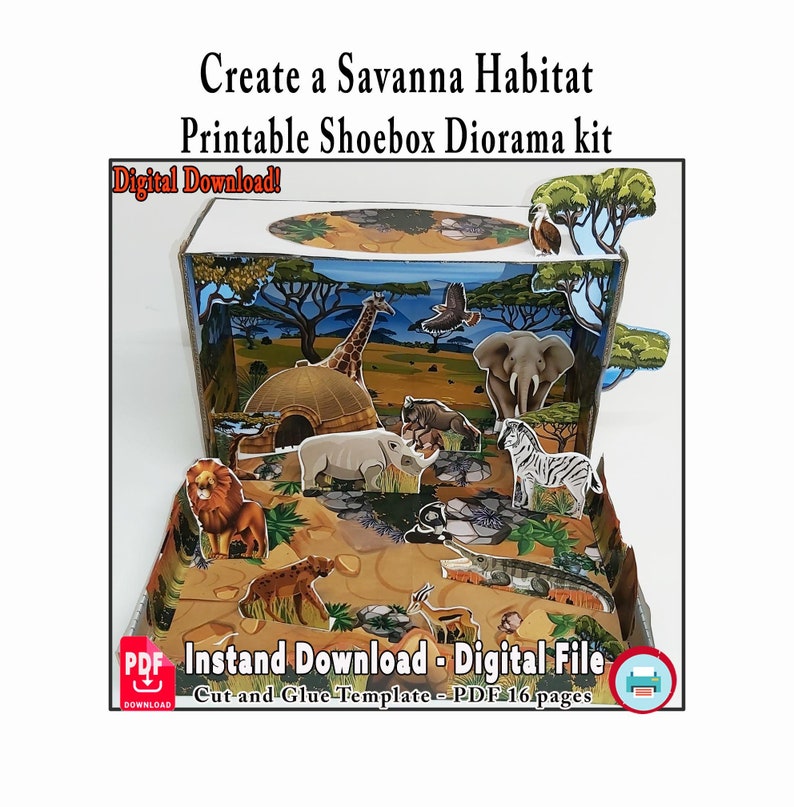 Printable Shoebox Diorama Kit, Create a Savanna Habitat, Animals ...