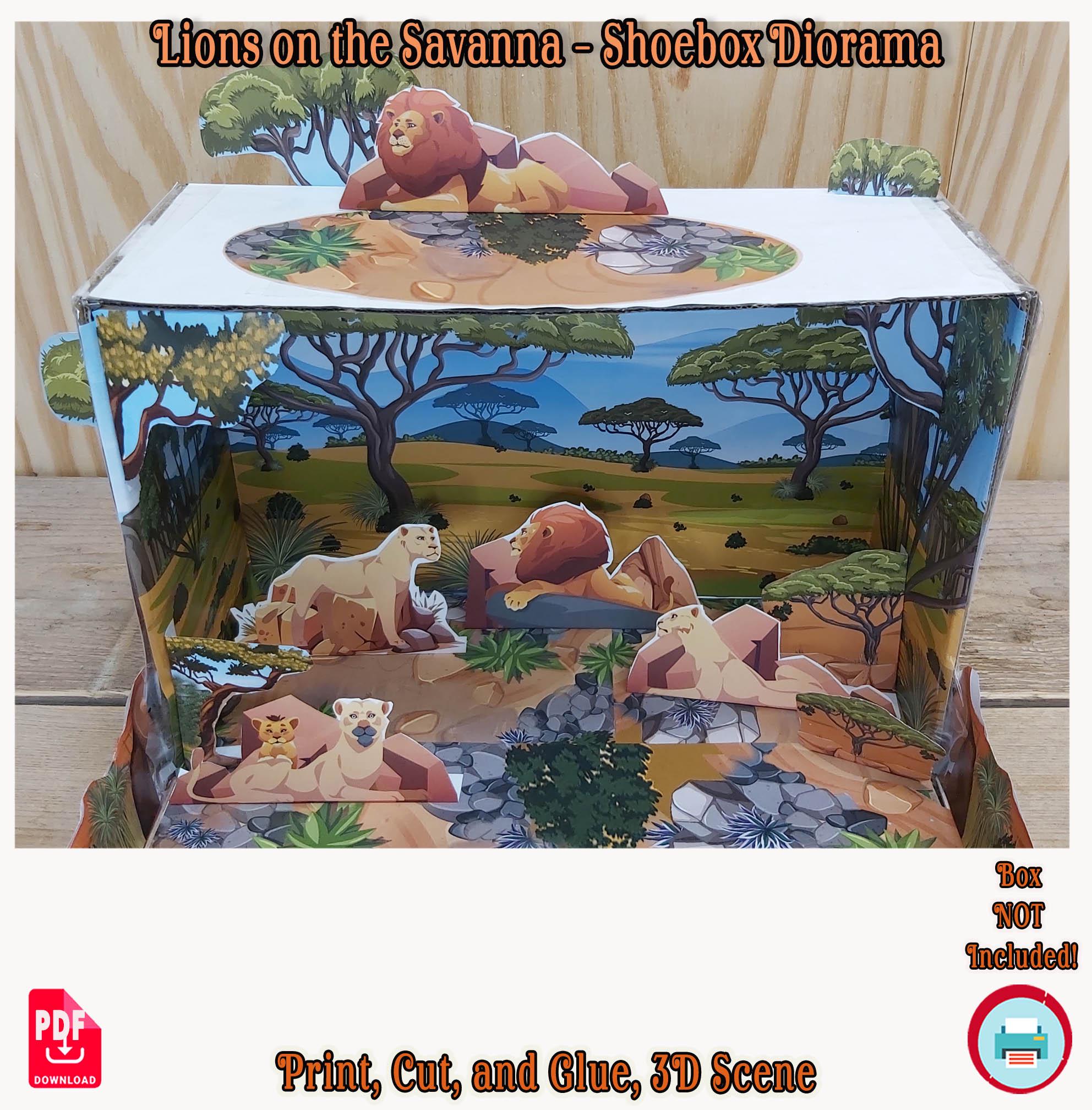 Lions on the Savanna – Printable Shoebox Diorama Kit | 3D Paper Craft ...