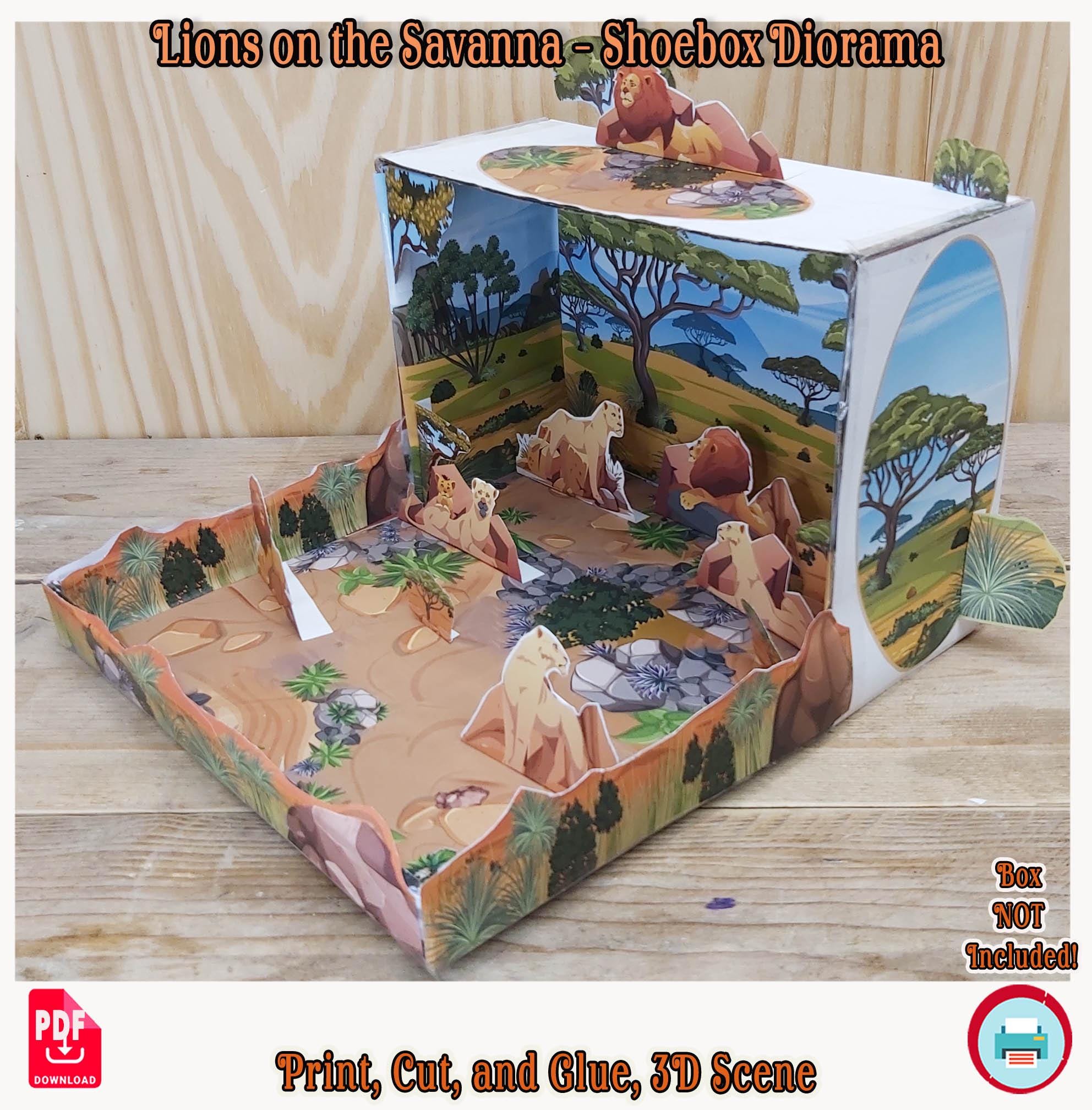 Lions on the Savanna – Printable Shoebox Diorama Kit | 3D Paper Craft ...