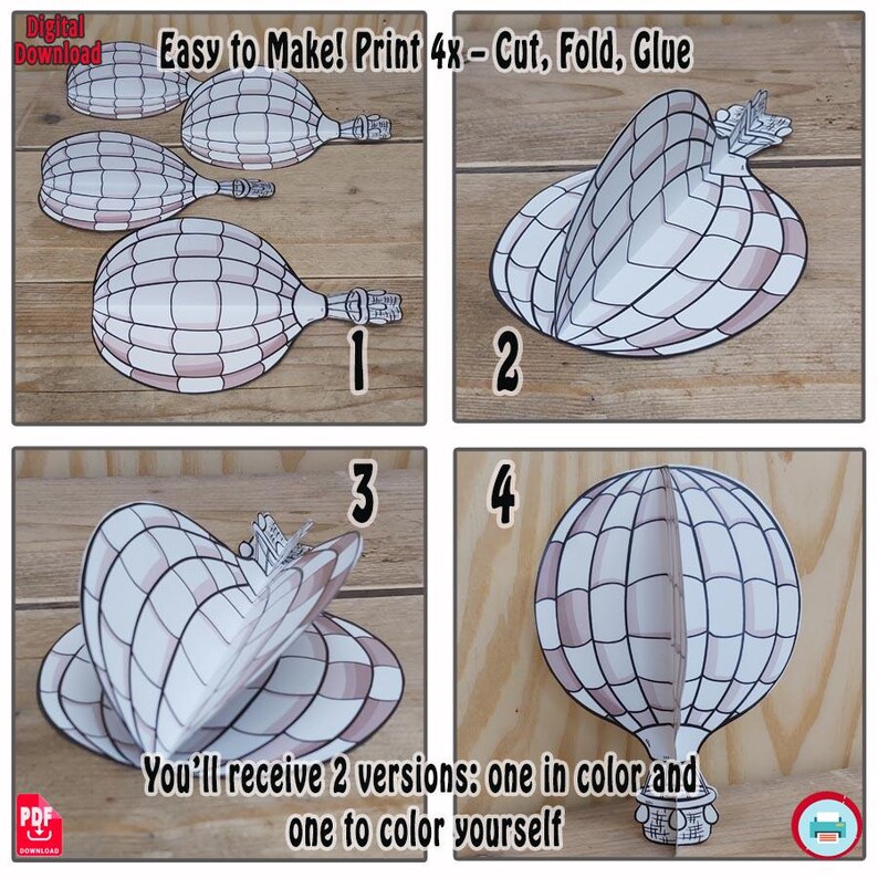 3D Hot Air Balloon Papercraft: Quilt-style DIY Printable (PDF Download ...